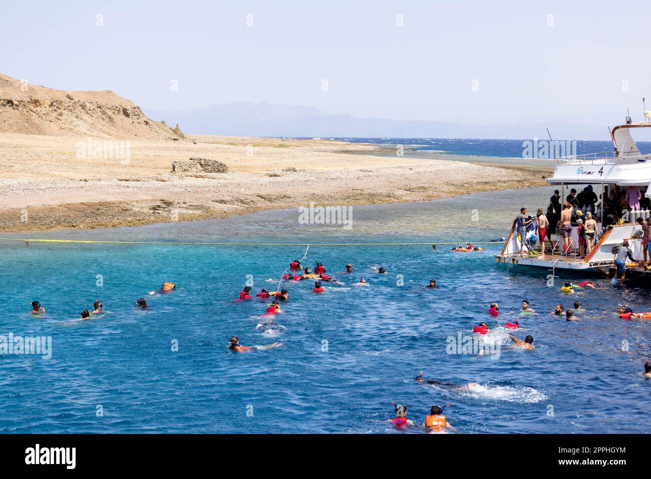 Group of people in life jackets snorkeling in the Red Sea over a coral ...