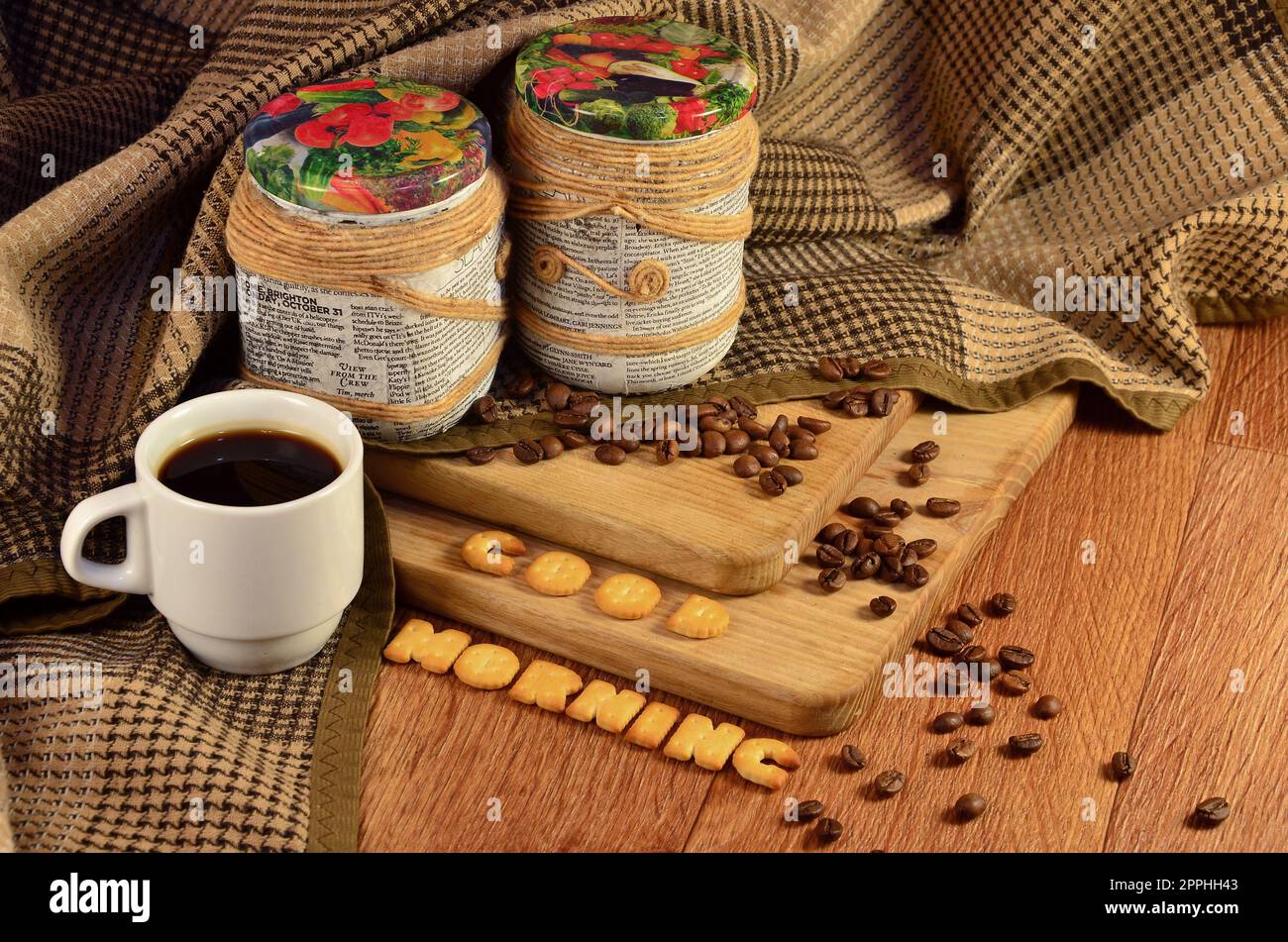 Good morning. Coffee cup and a text, composed of crackers Stock Photo ...