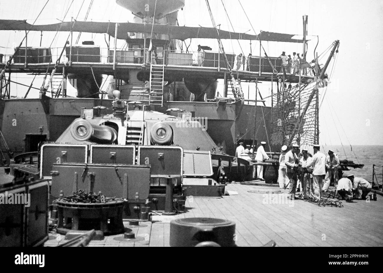 General deck view on a Royal Navy battleship, early 1900s Stock Photo ...