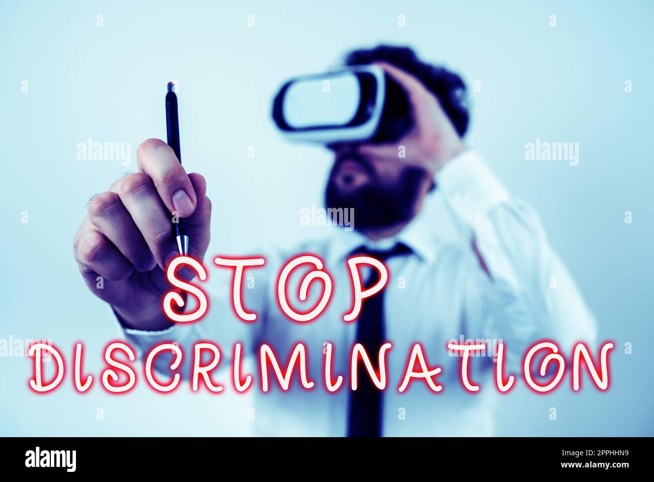 Hand writing sign Stop Discrimination. Business overview Prevent ...