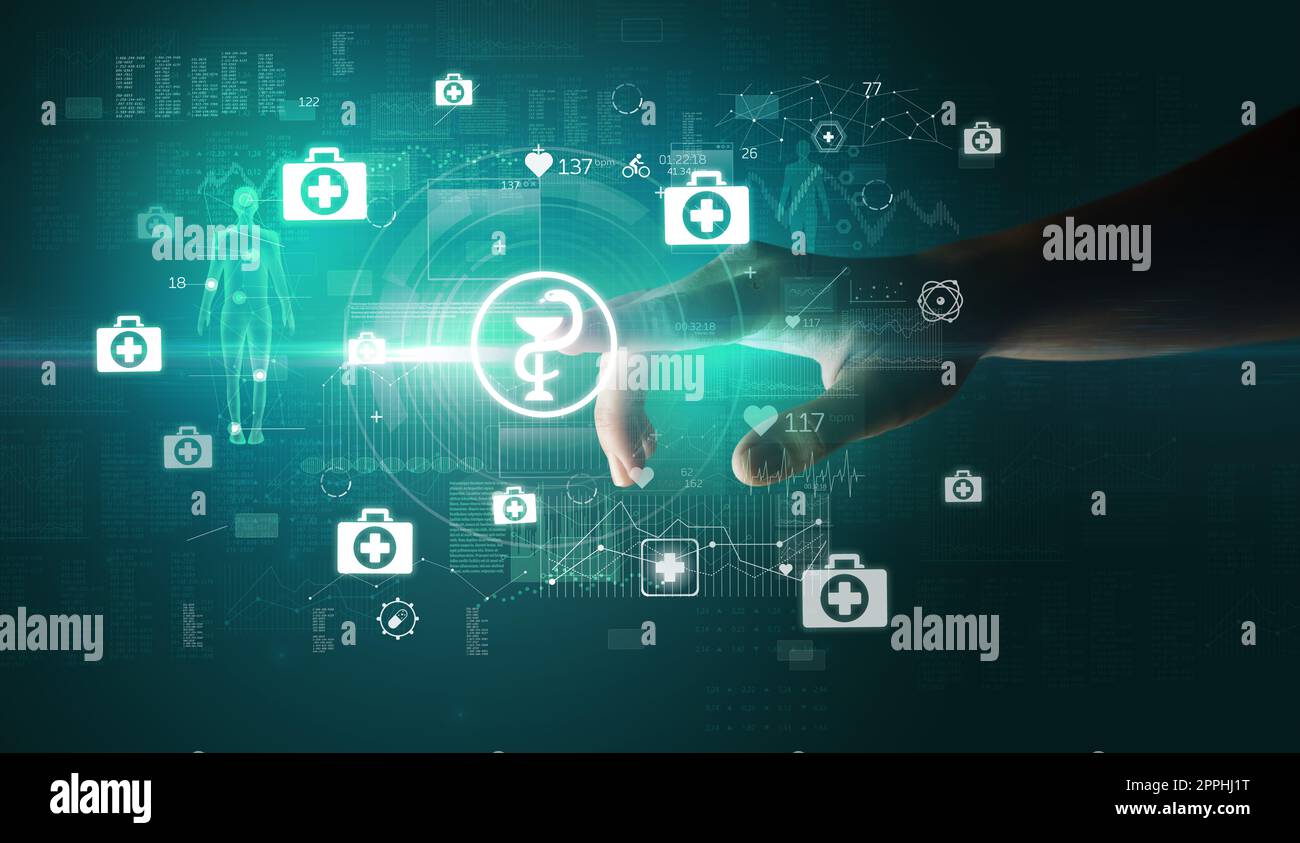 Doctor hand pressing futuristic health device with medical symbol on ...