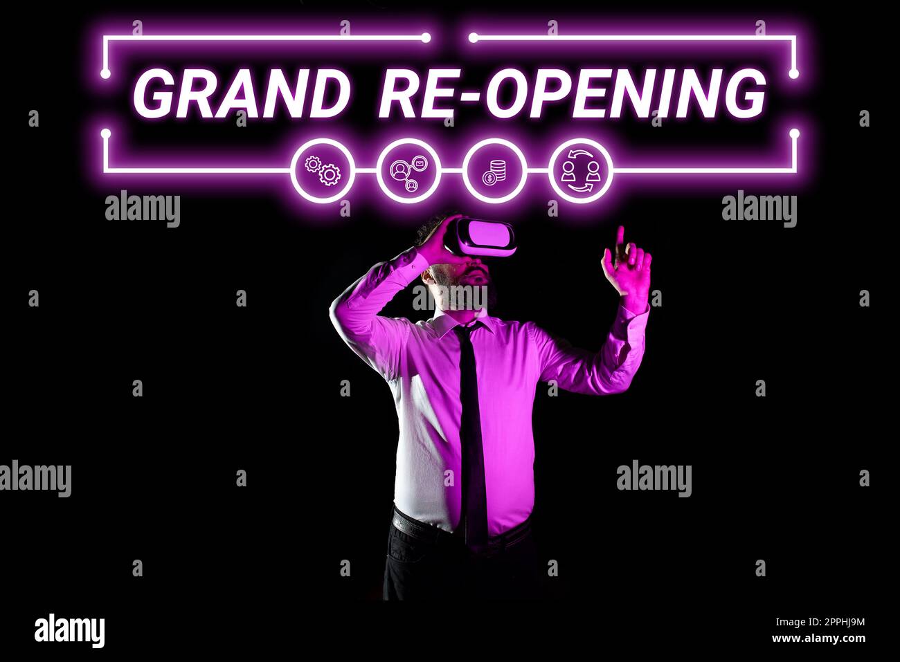 Text caption presenting Grand Re Opening. Word Written on held to mark ... Text caption presenting Grand Re Opening. Word Written on held to mark ...