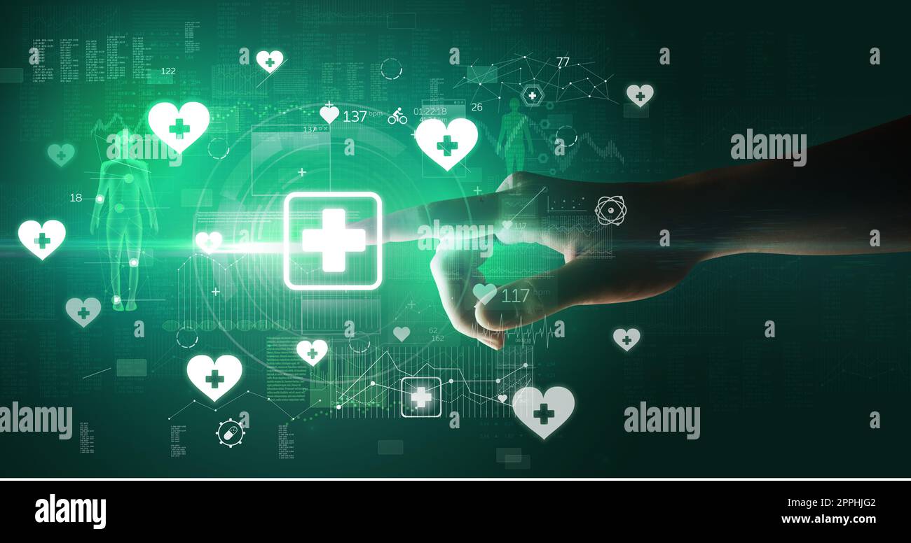 Doctor hand pressing futuristic health device with medical symbol on screen Stock Photo - Alamy