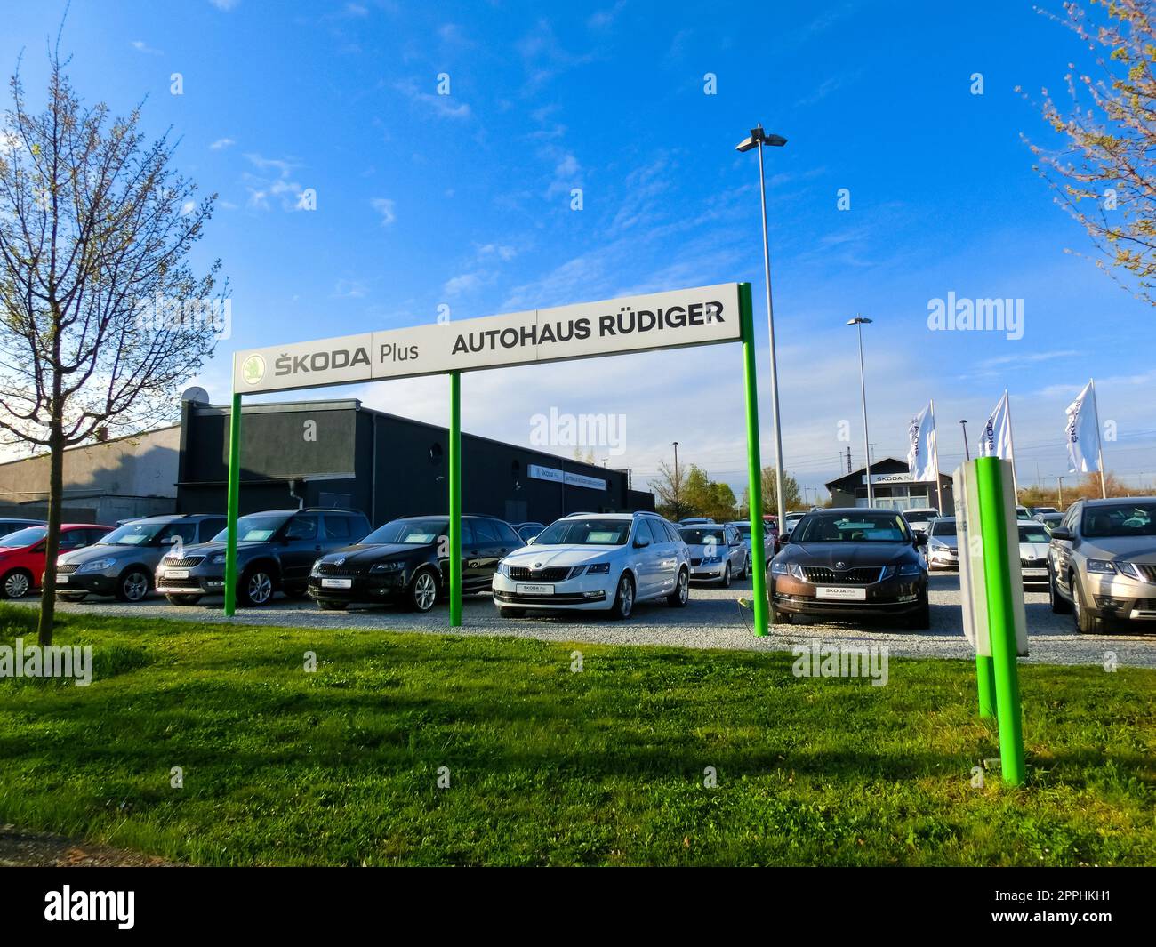 Company store building with an emblem of Skoda Auto, Czech automobile ...