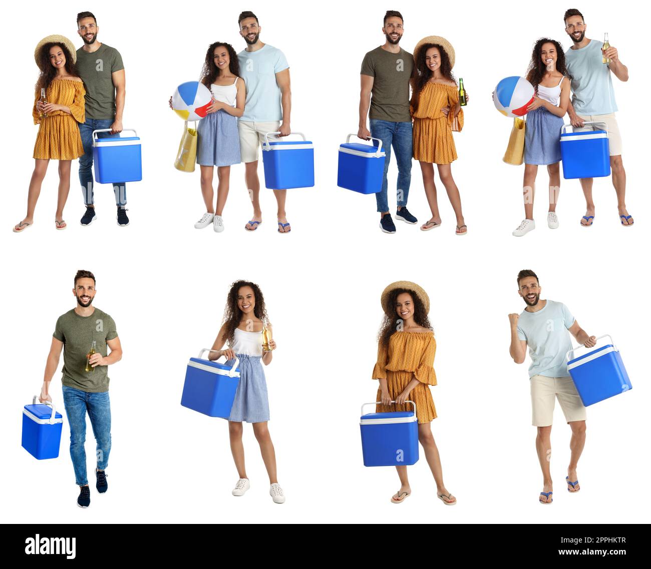 Collage with photos of people holding cool boxes on white background ...
