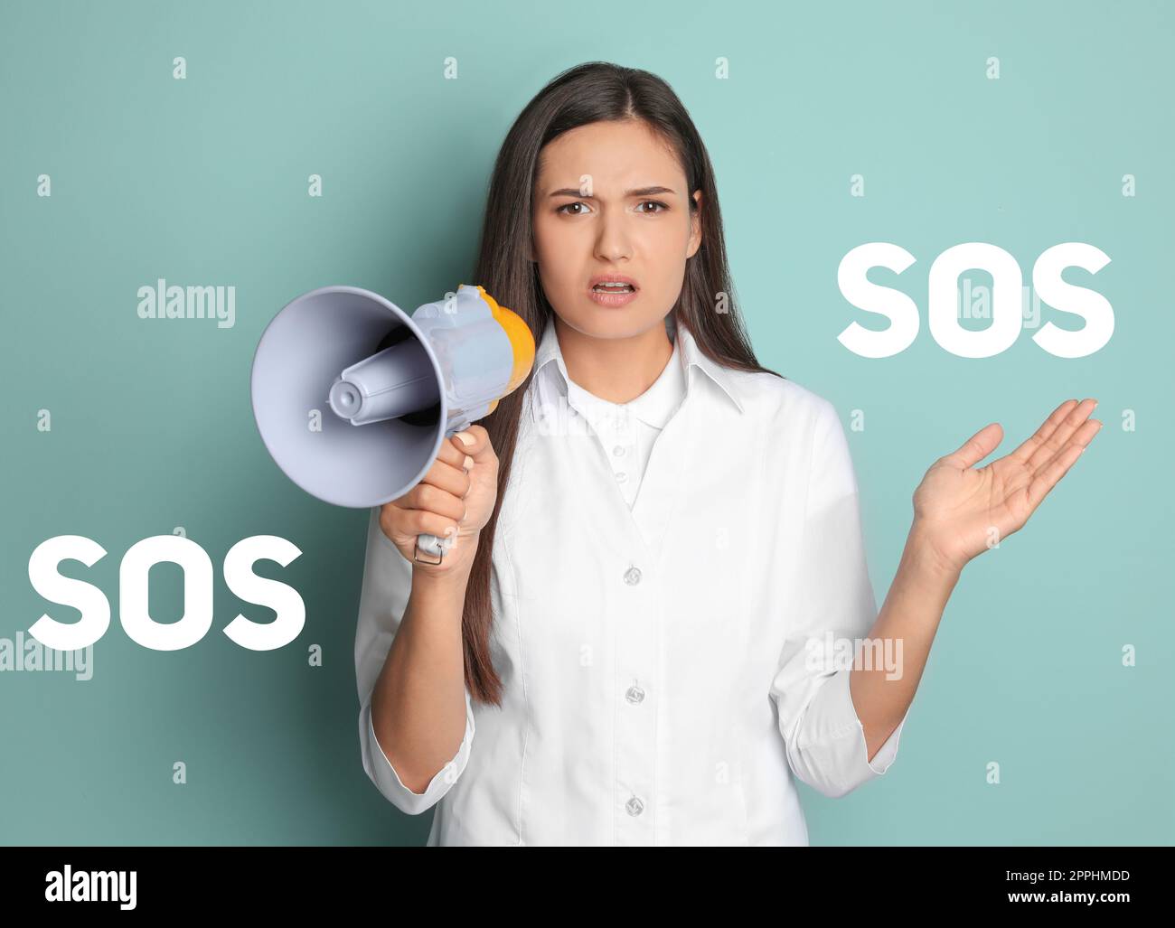 Doctor with megaphone and words SOS on color background. Asking for ...