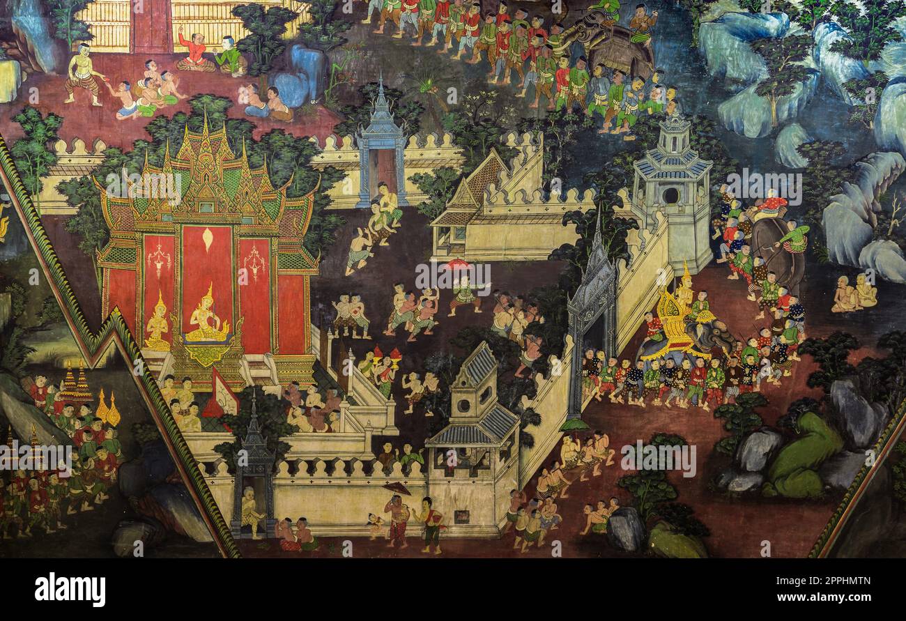 Ancient Thai Buddhist mural mural painting on temple wall Stock Photo ...