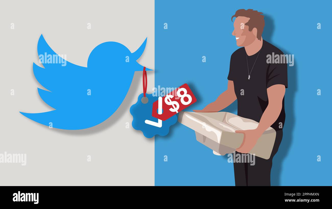 Joking editorial illustration of Elon Musk holding a shell and Twitter ...