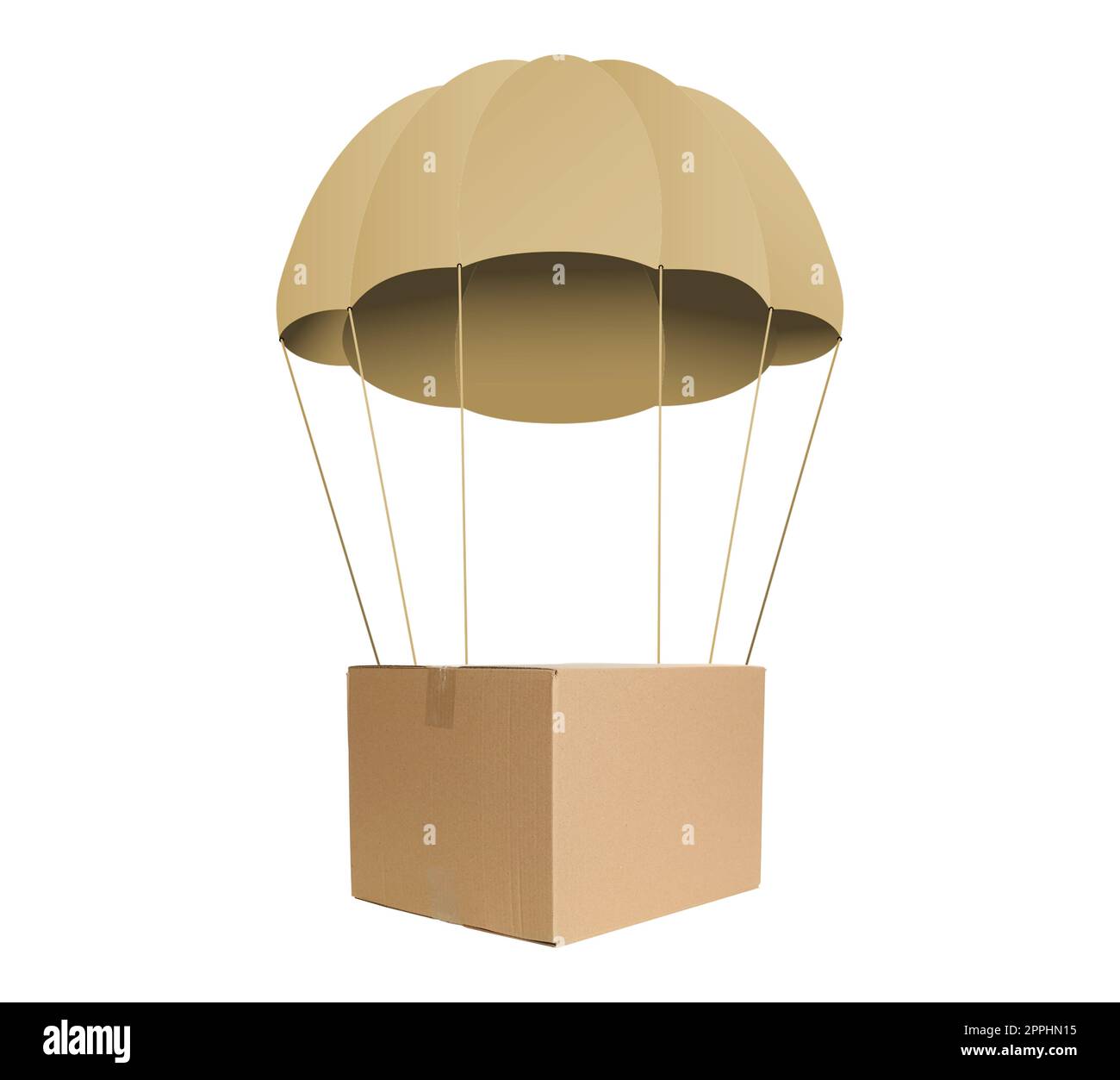 Cardboard box with parachute flying on white background Stock Photo - Alamy