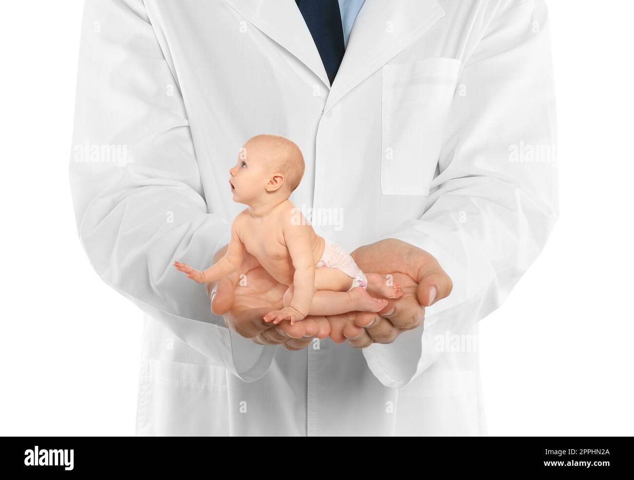 Surrogacy concept. Doctor holding cute little baby on white background ...