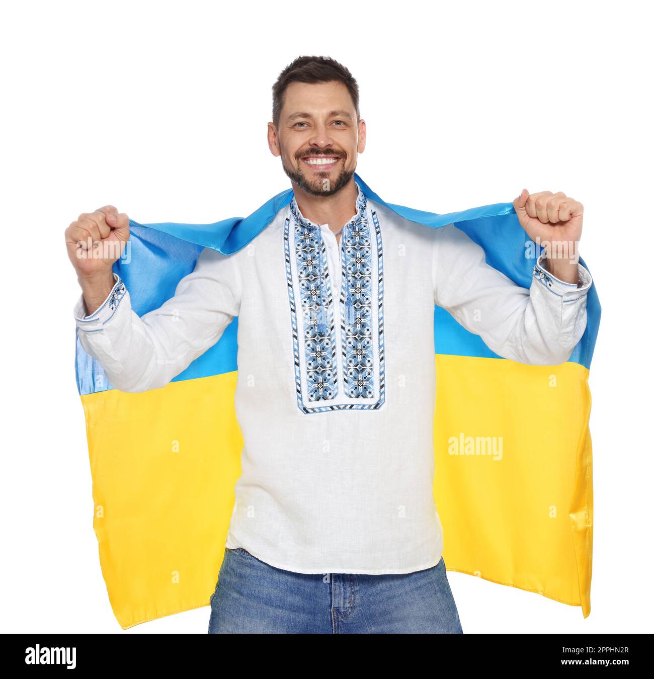 Happy man in Ukrainian national clothes with flag of Ukraine on white ...
