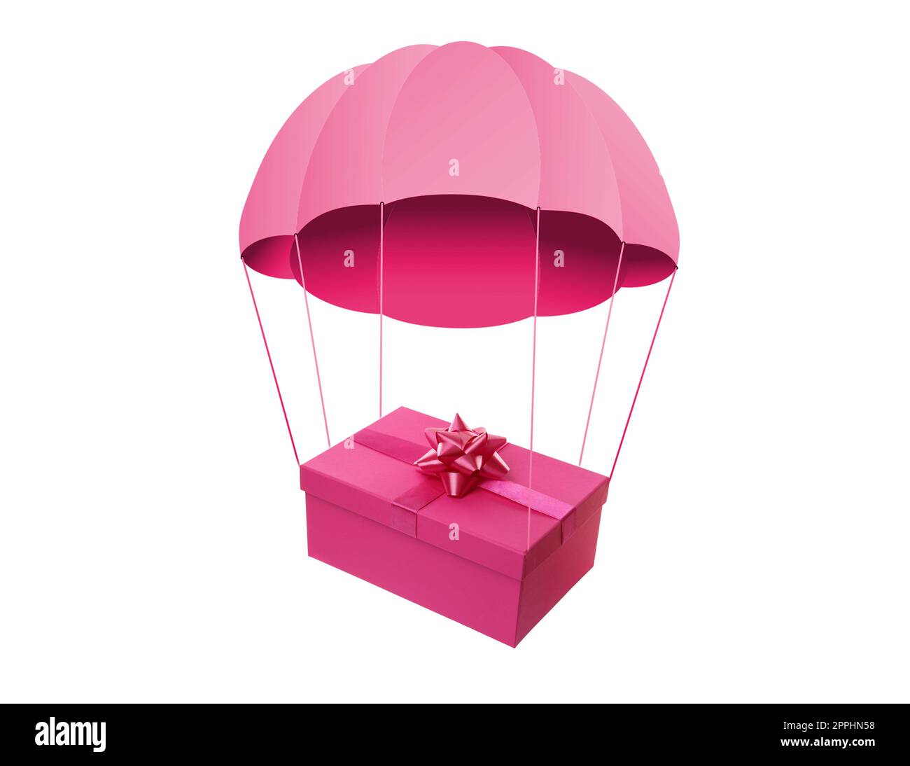 Pink gift box with parachute flying on white background Stock Photo - Alamy