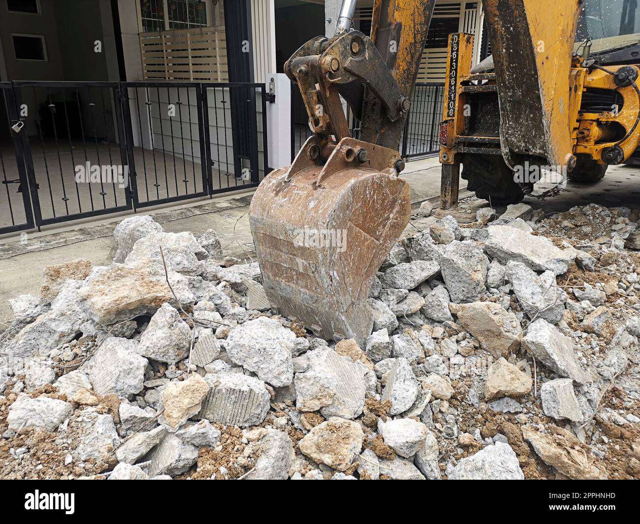 Backhoe Loader Digger at Road Works Construction Stock Photo - Alamy