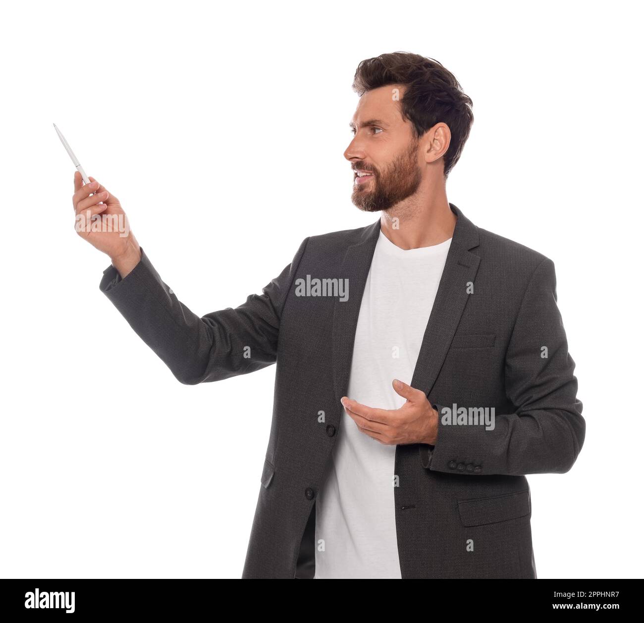 Handsome man gesturing on white background. Weather forecast reporter ...