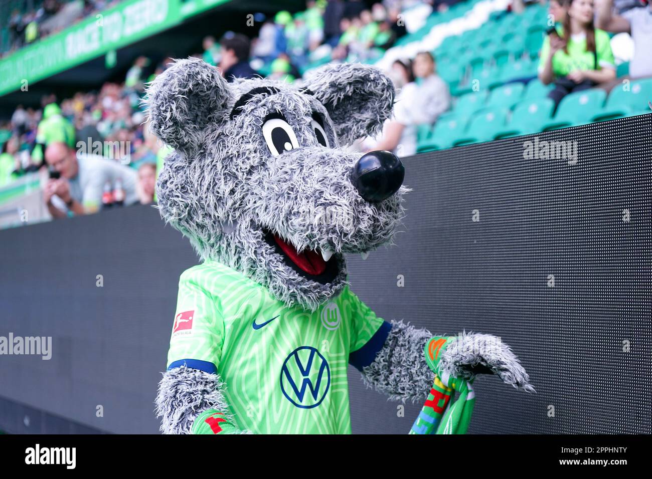 Wolfsburg, Germany, April 23rd 2023: Mascot of VFL Wolfsburg Wölfi ...