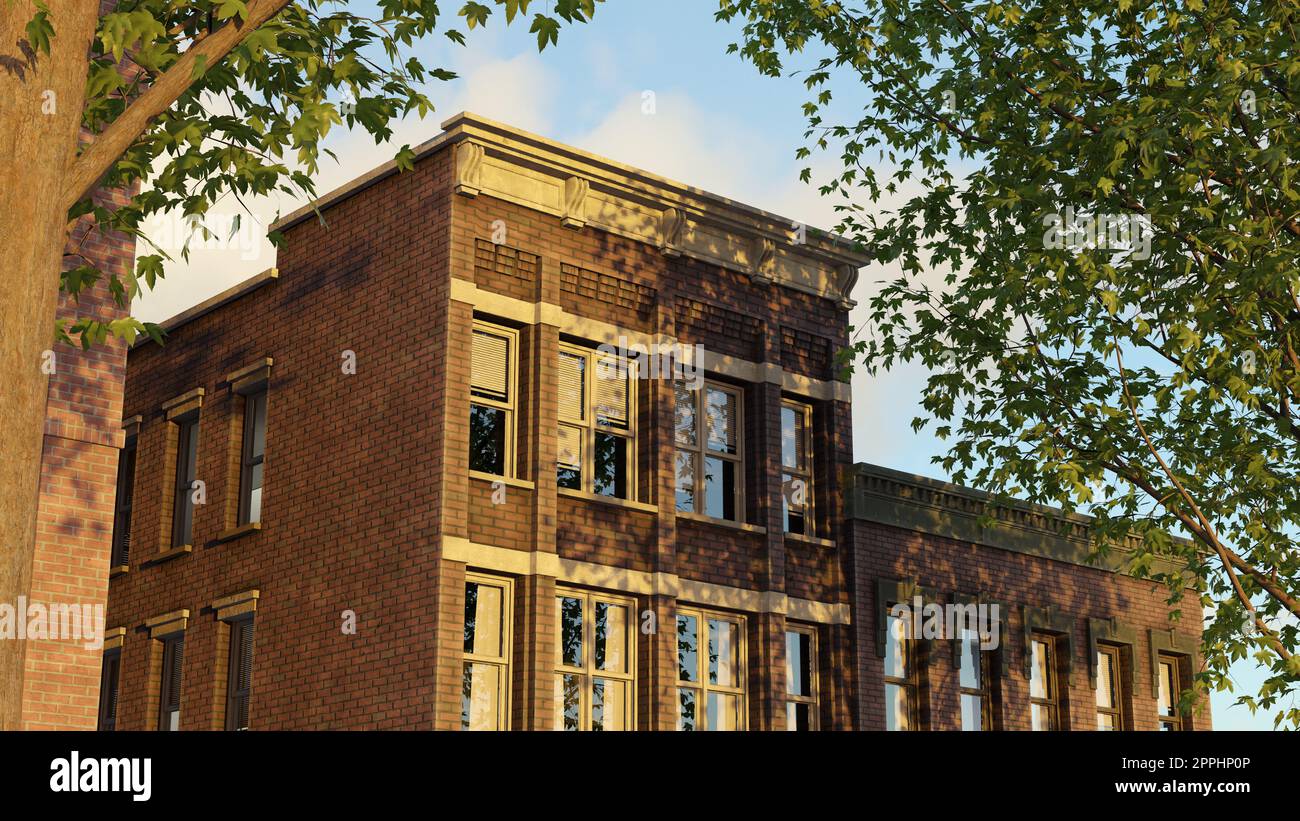 old building facade brick apartment luxury dwelling downtown city trees and sunset lights 3D ...