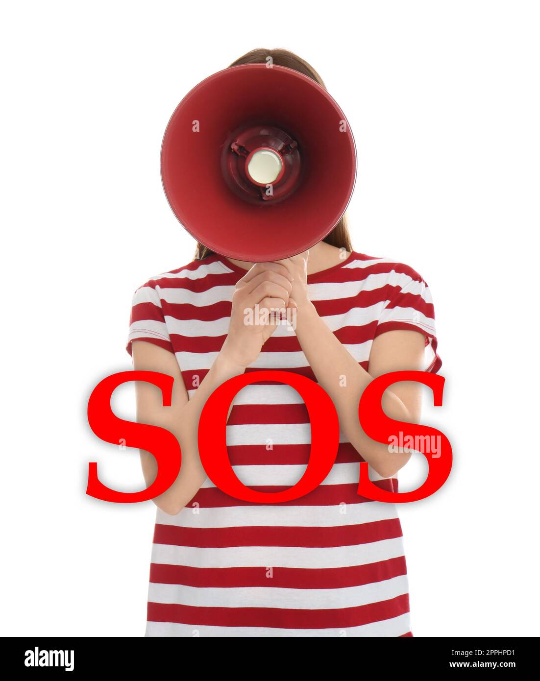 Woman with megaphone and word SOS on white background. Asking for help ...