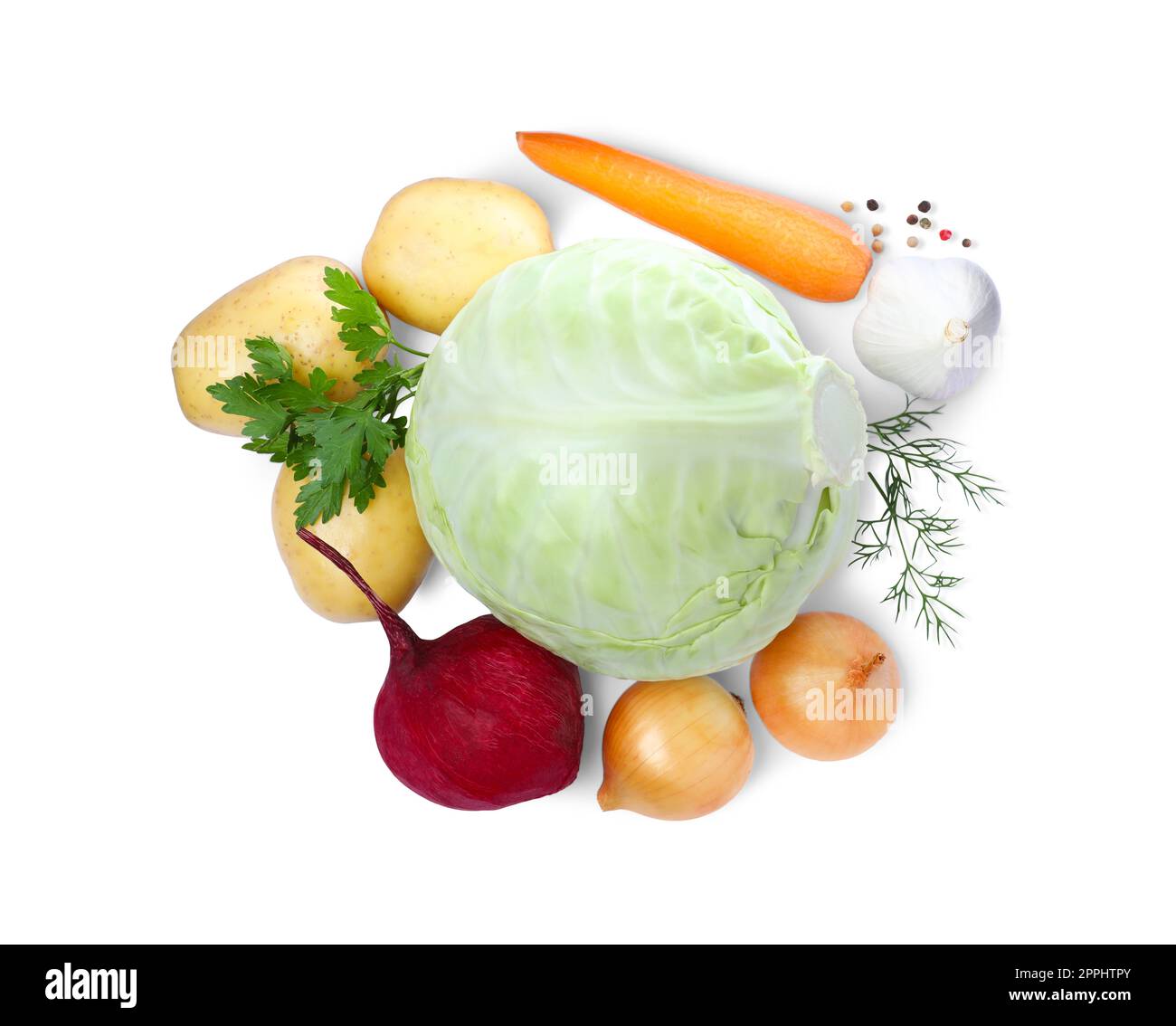 Ingredients for traditional borscht on white background, top view Stock ...