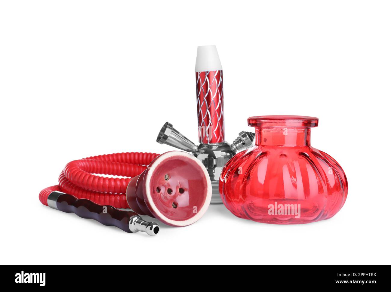 Parts of modern red hookah on white background Stock Photo - Alamy
