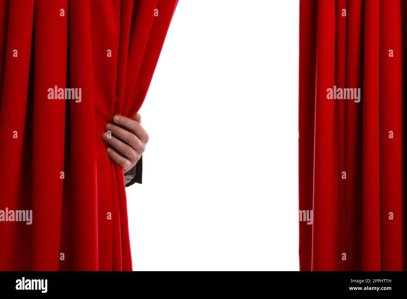 Man opening red front curtains on white background, closeup Stock Photo ...