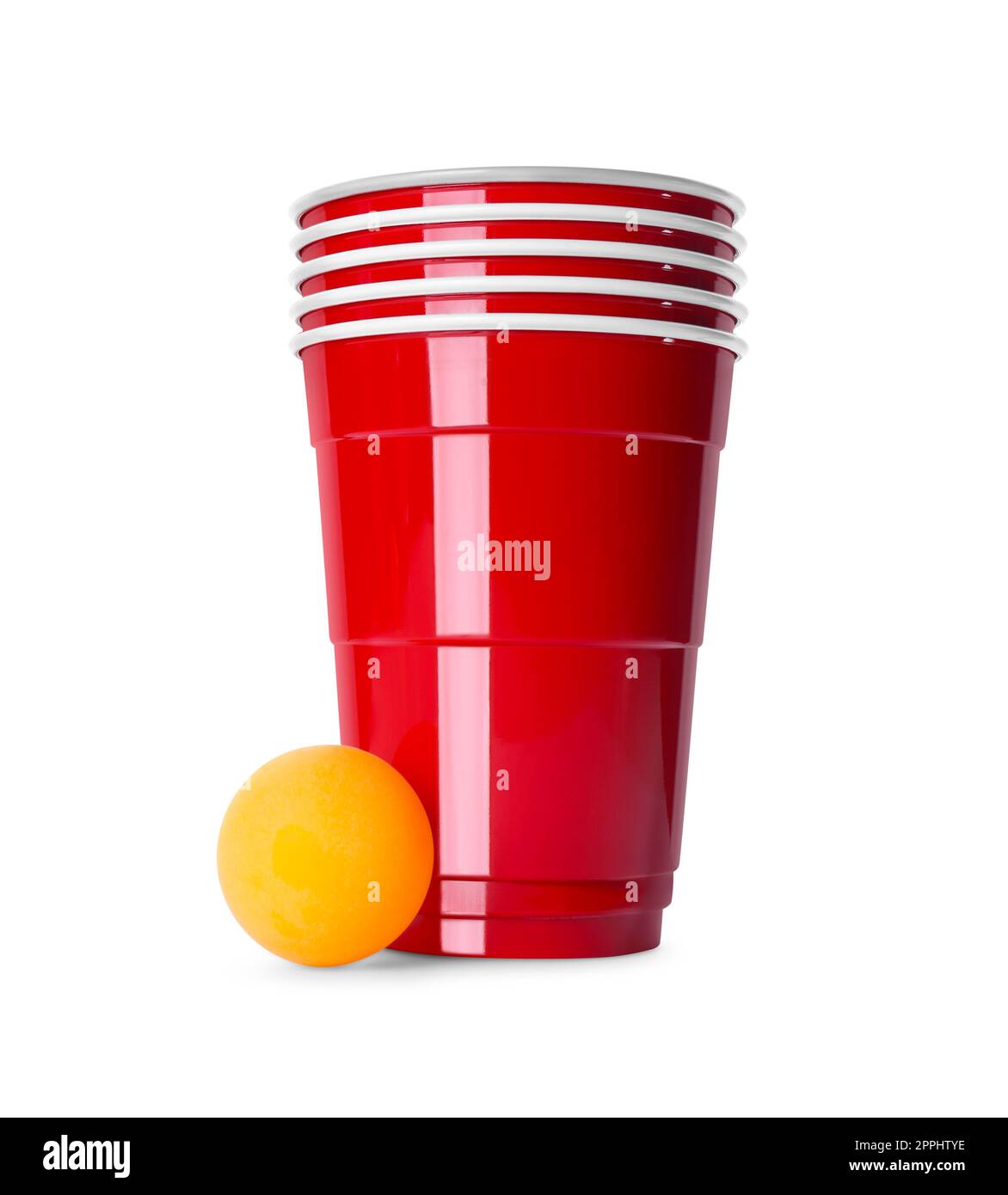 Red plastic cups and ball for beer pong on white background Stock Photo ...