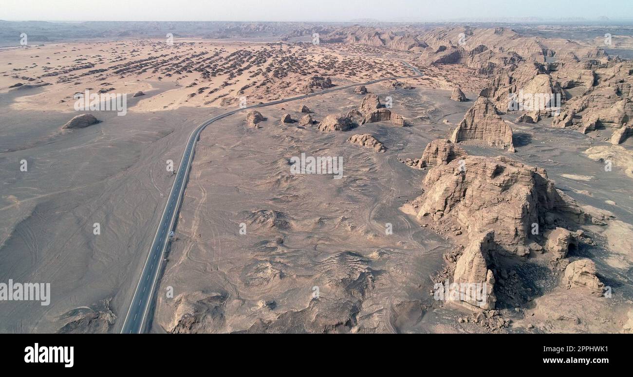 HAMI, CHINA - APRIL 21, 2023 - An aerial photo shows the highway ...