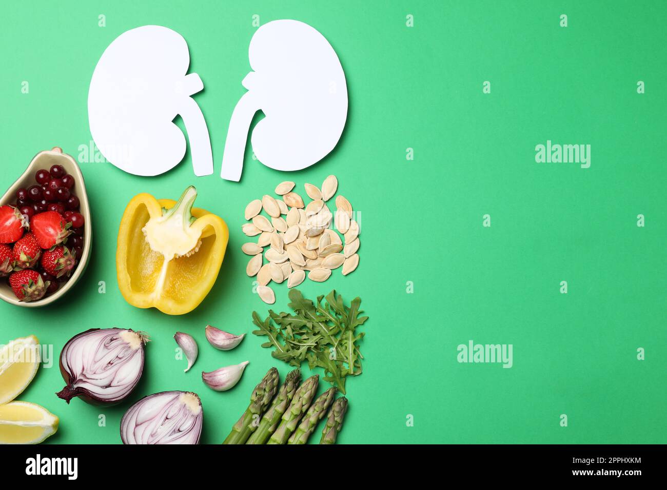 Paper cutout of kidneys and different healthy products on green ...