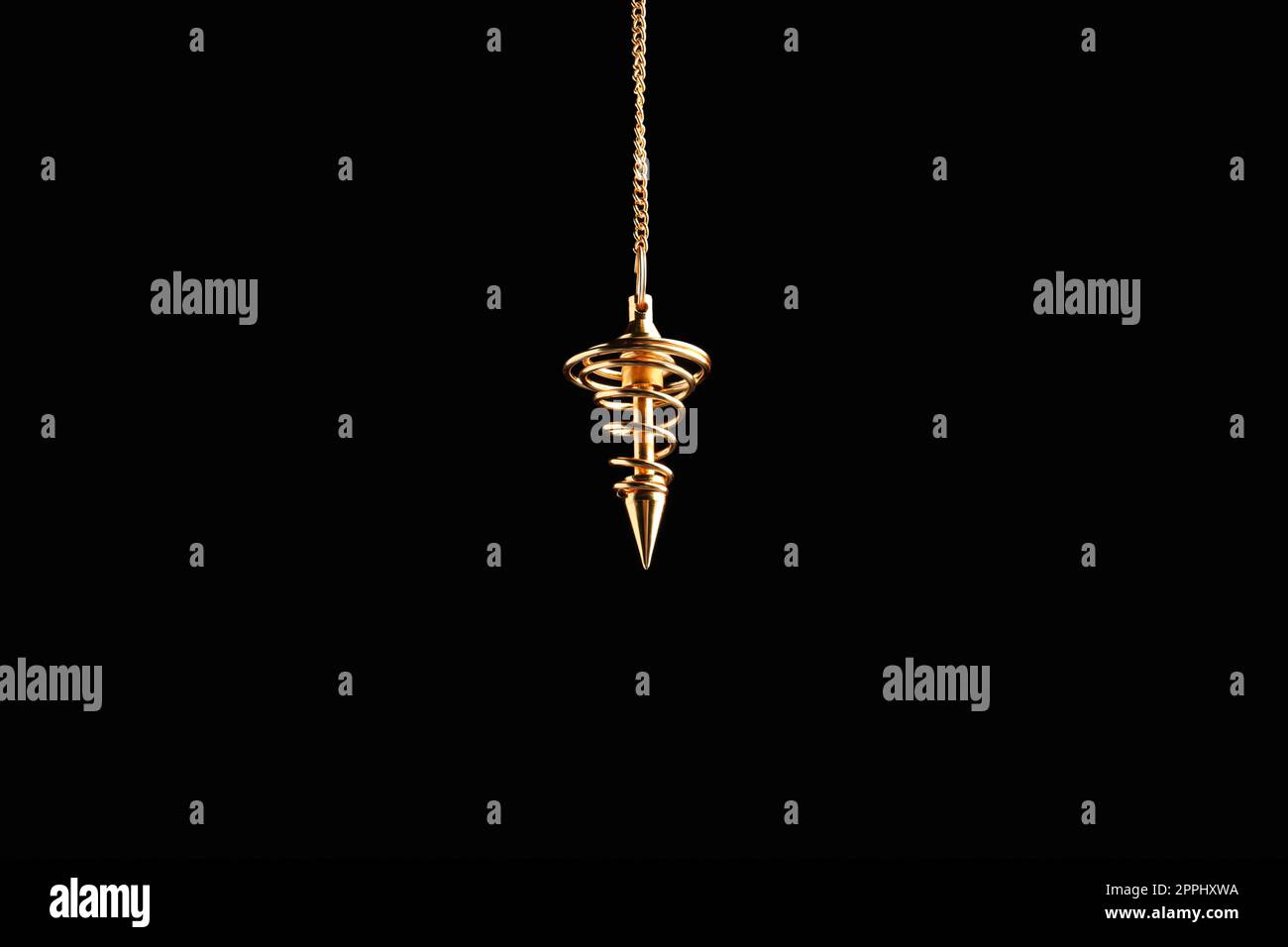 Beautiful golden pendulum with chain on black background. Hypnosis ...