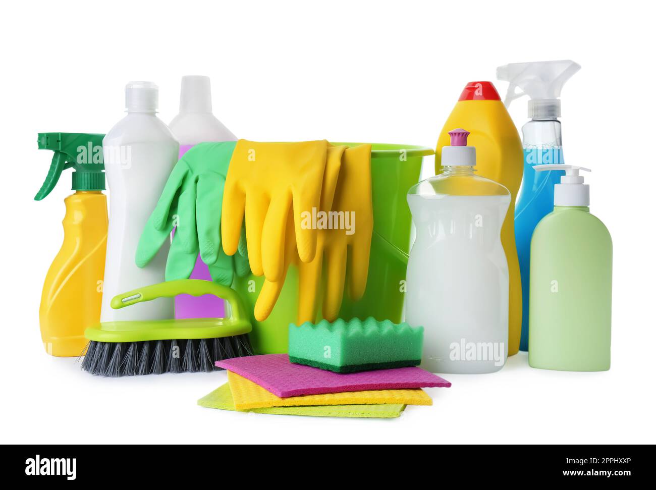 Set of different cleaning supplies on white background Stock Photo - Alamy