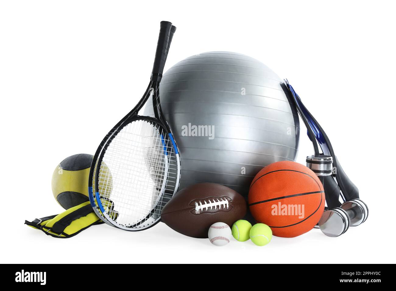 Set of different sports equipment on white background Stock Photo - Alamy