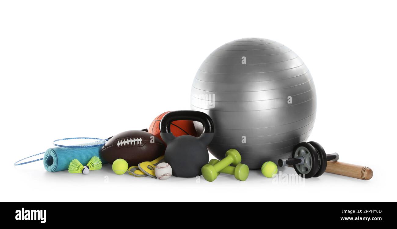 Set of different sports equipment on white background Stock Photo - Alamy