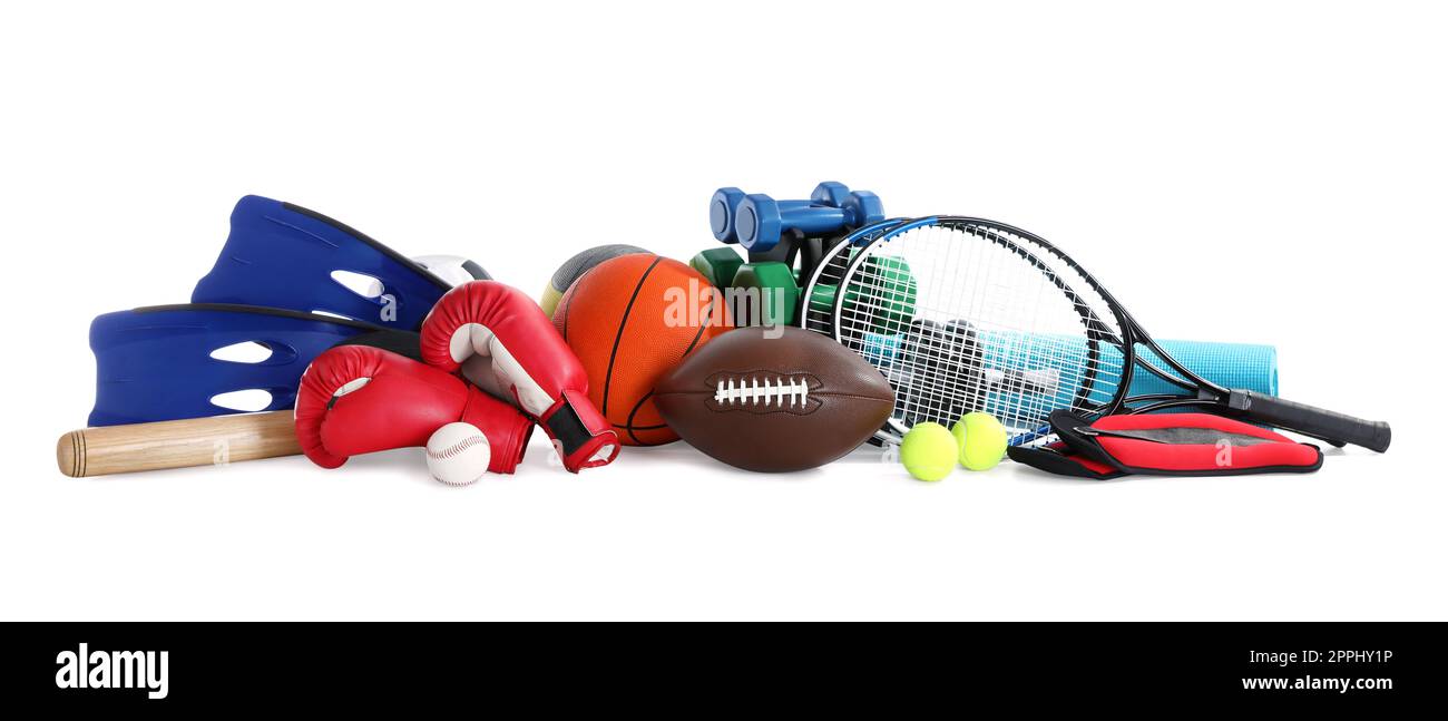 Set of different sports equipment on white background Stock Photo - Alamy