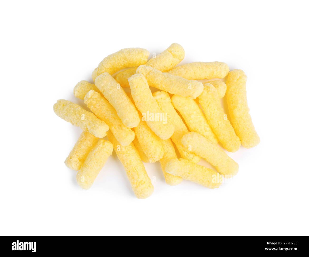 Pile of tasty corn puffs on white background, top view Stock Photo - Alamy