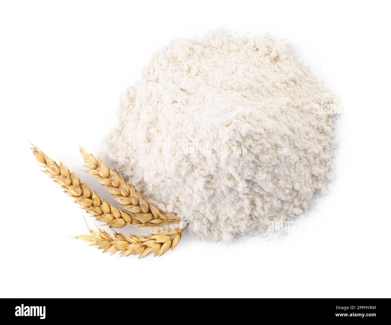 Pile of wheat flour and spikes on white background, top view Stock ...