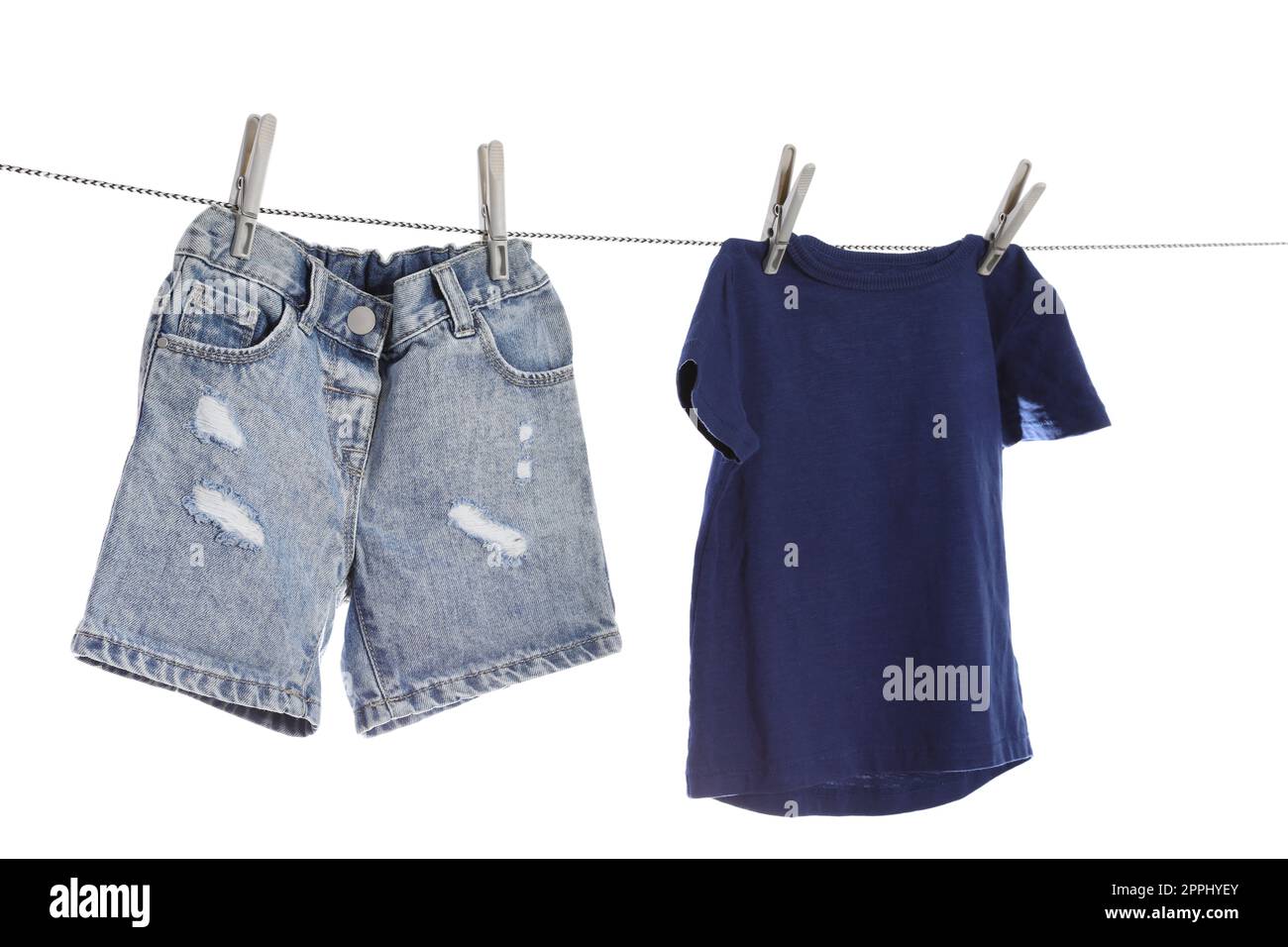 Different clothes drying on washing line against white background Stock ...