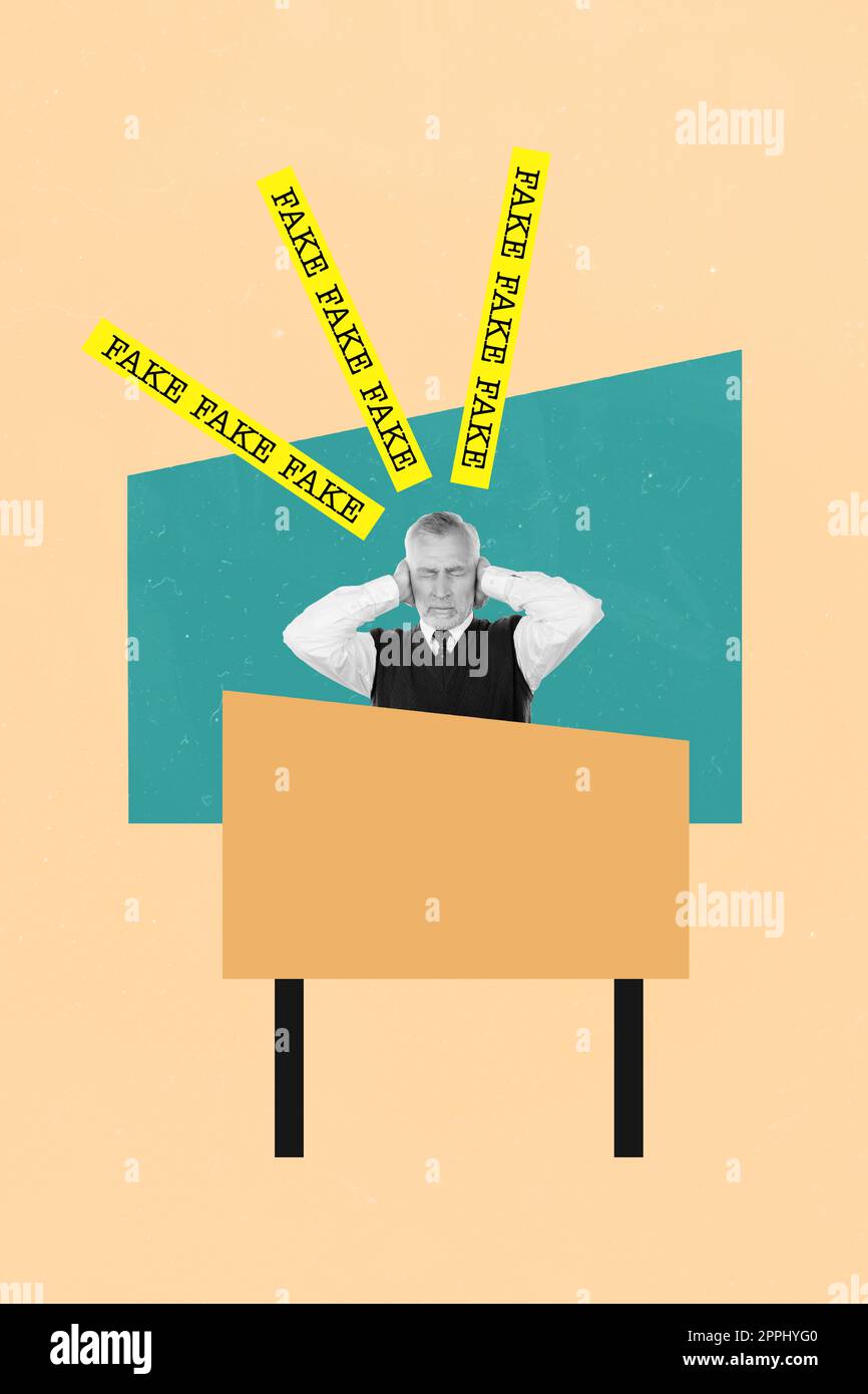 Vertical collage image of upset black white gamma aged man arms cover ...