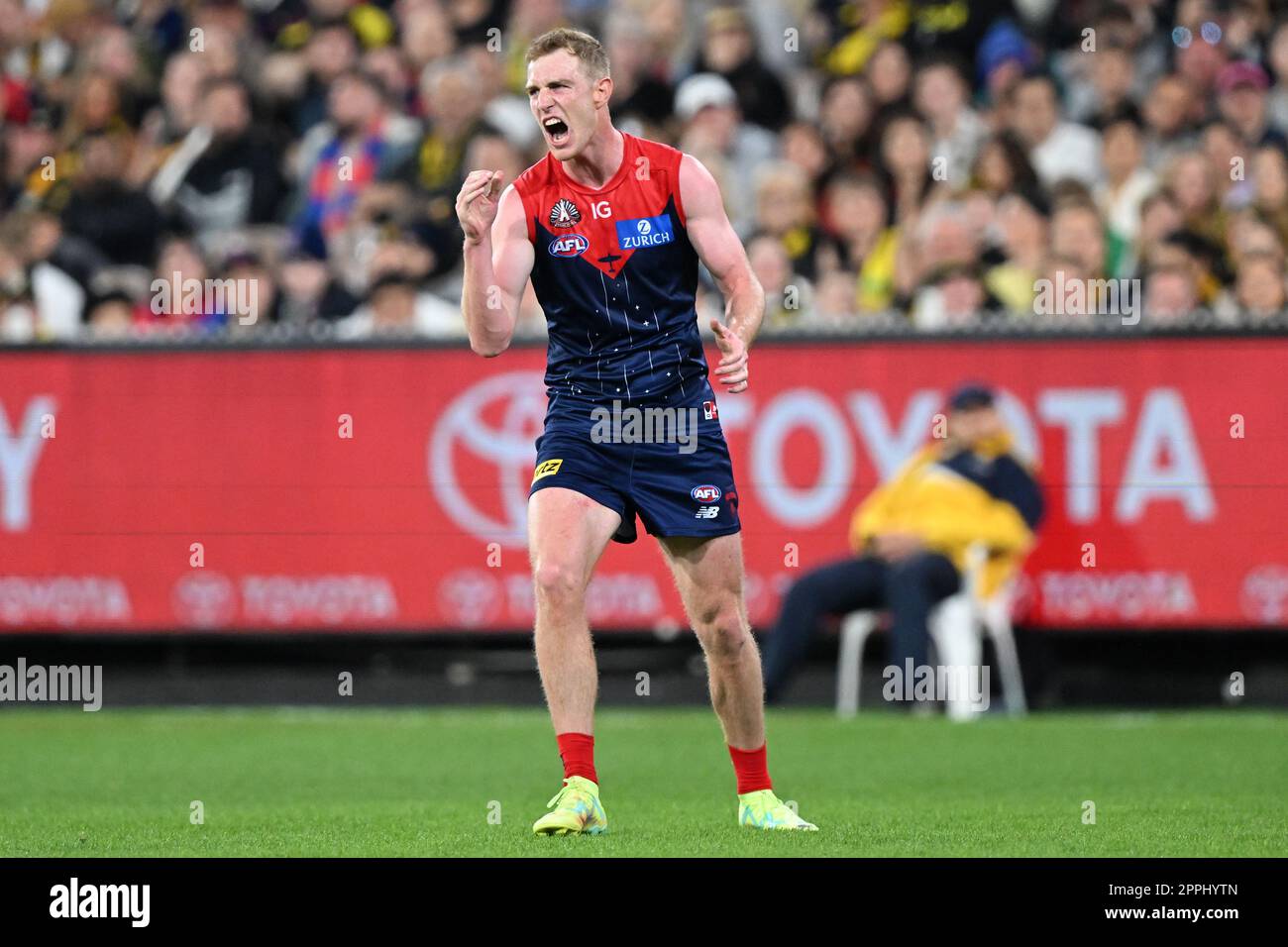 Harrison Petty of the Demons reacts after kicking a goal during the AFL ...