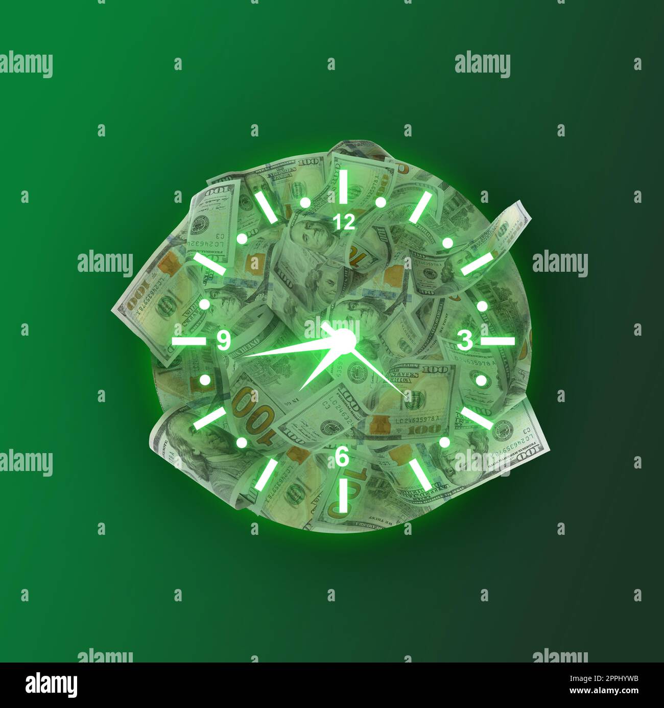 Time is money. Illustration of clock and dollar banknotes on green ...