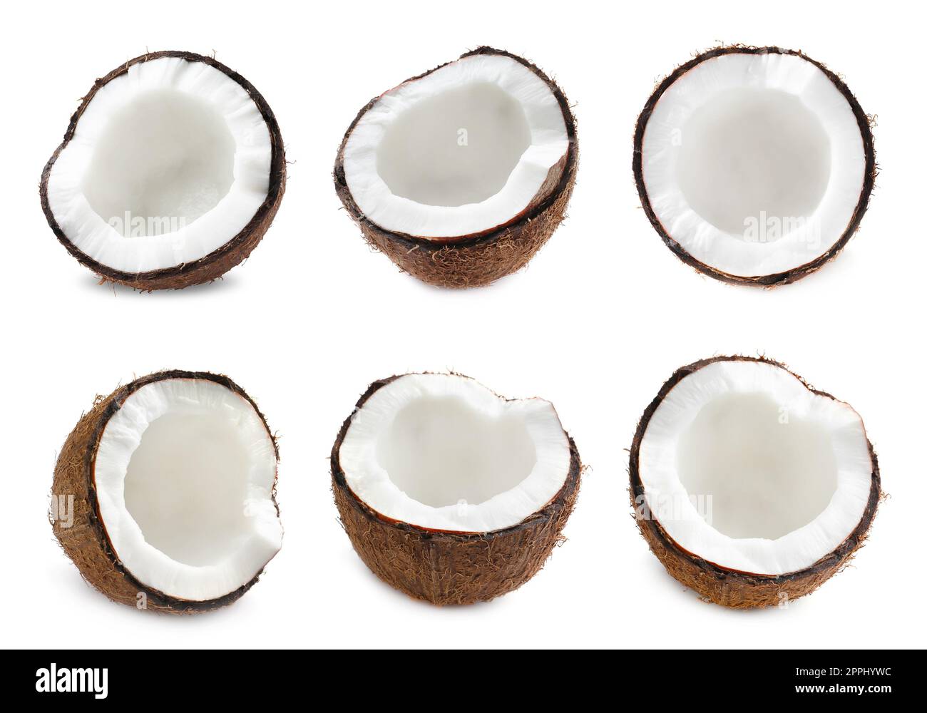 Set with halves of fresh ripe coconuts on white background Stock Photo ...