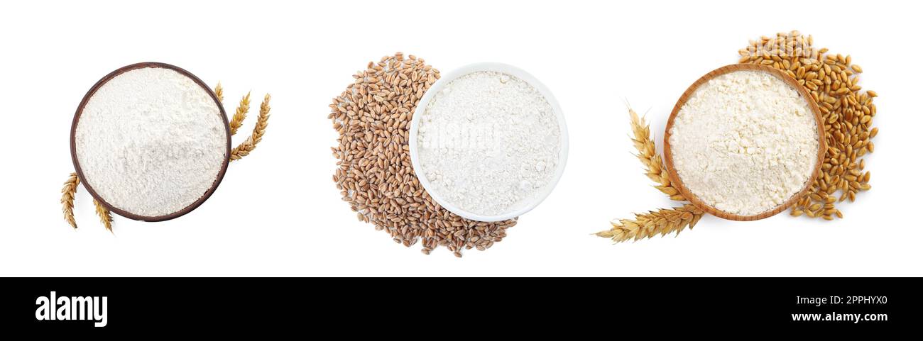 Set with wheat flour on white background, top view. Banner design Stock ...