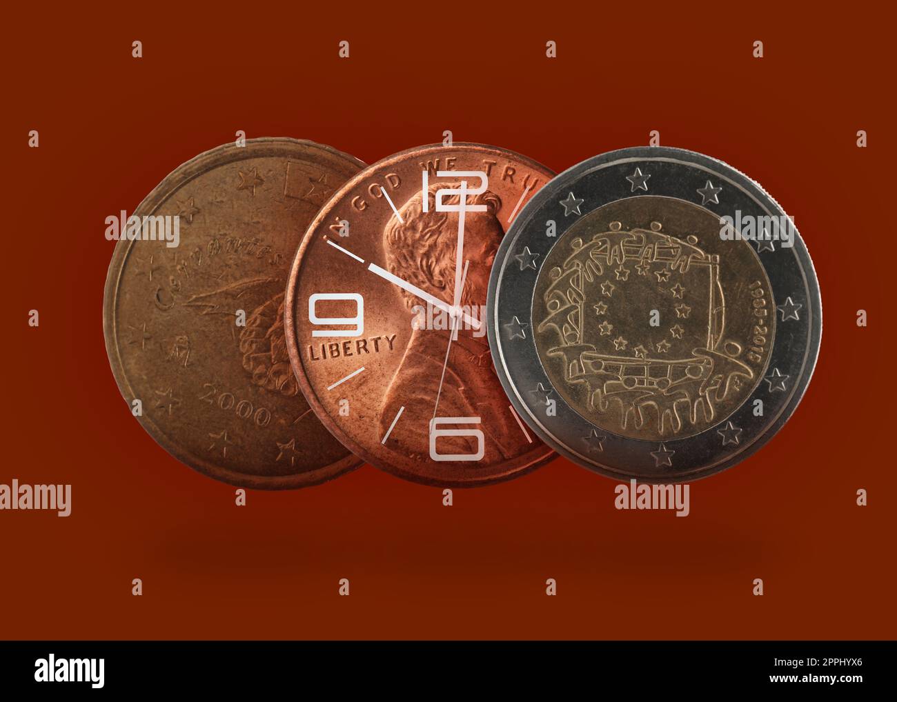 Time is money. Coins and illustration of clock on dark red background ...