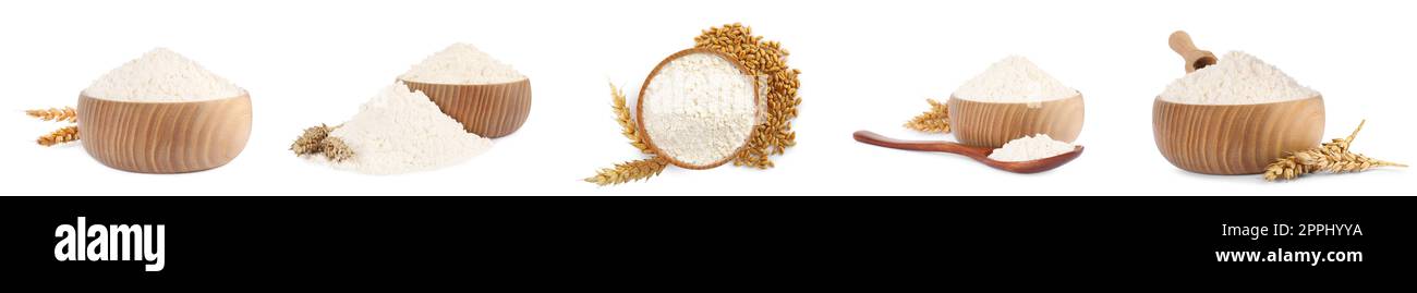 Set with wheat flour on white background. Banner design Stock Photo - Alamy