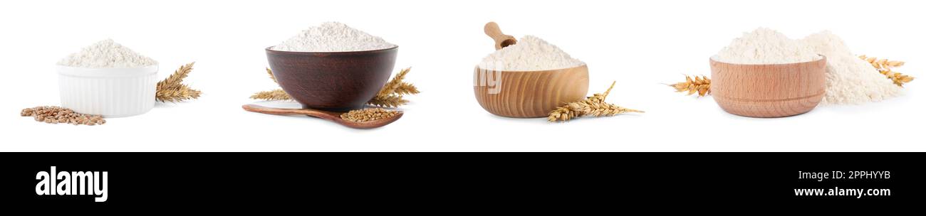Set with wheat flour on white background. Banner design Stock Photo - Alamy