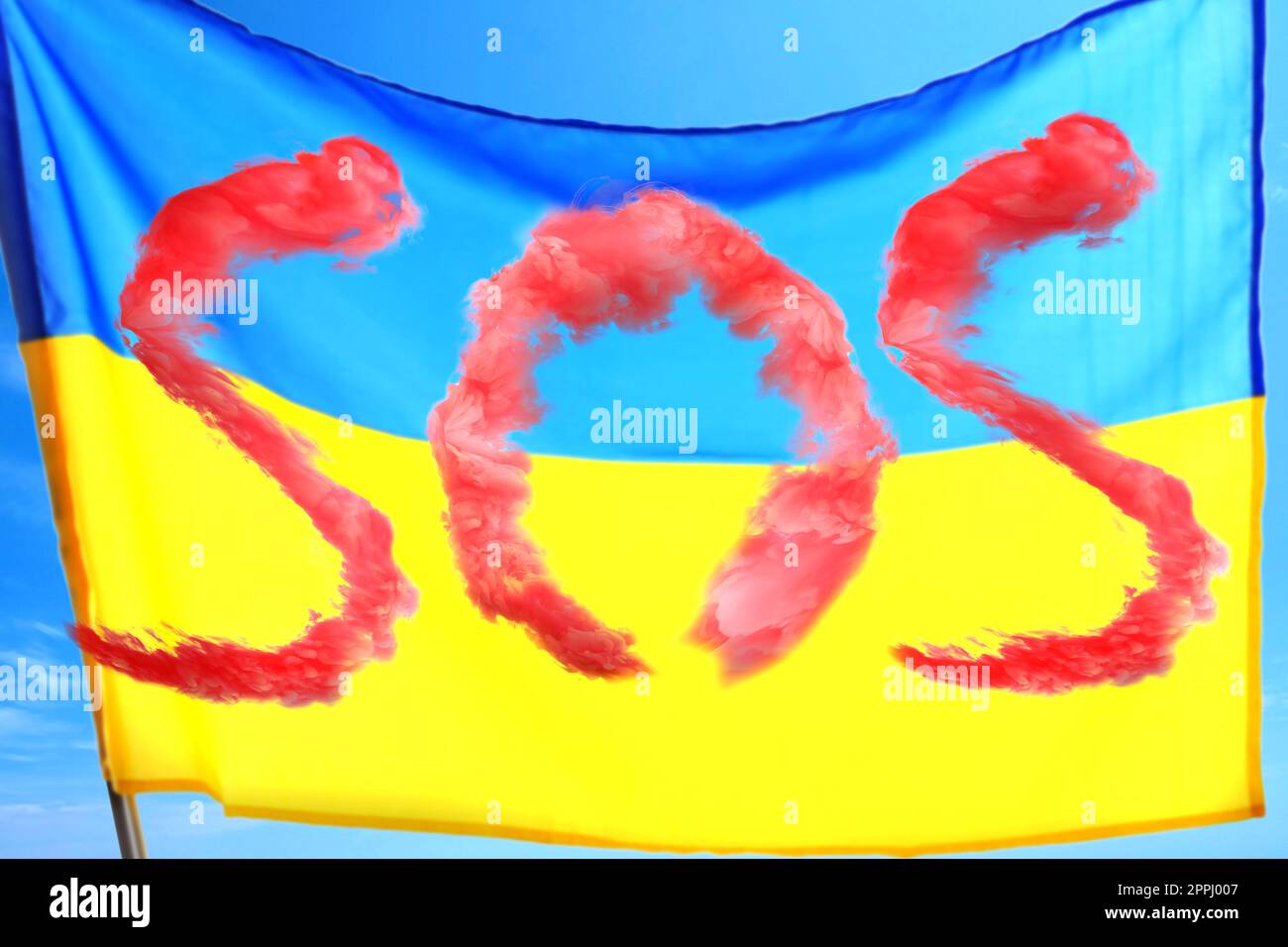 Word SOS made of red smoke and national flag of Ukraine outdoors Stock ...