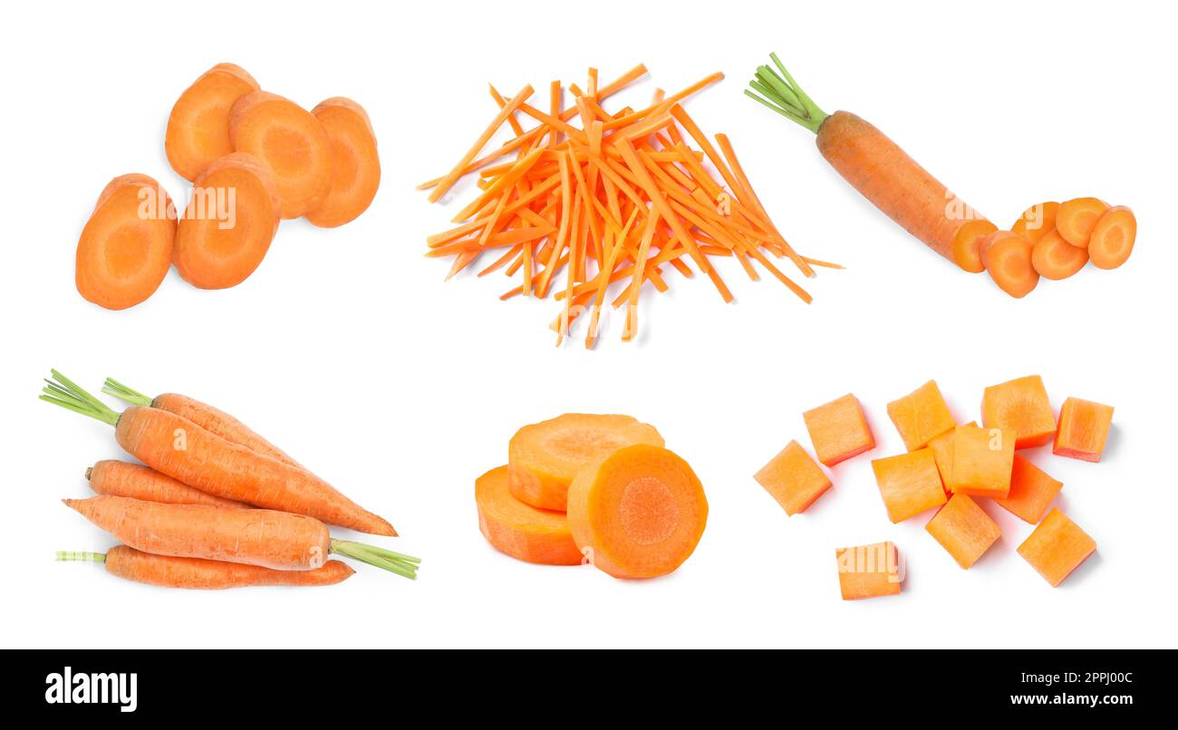Set with cut fresh carrots on white background Stock Photo - Alamy