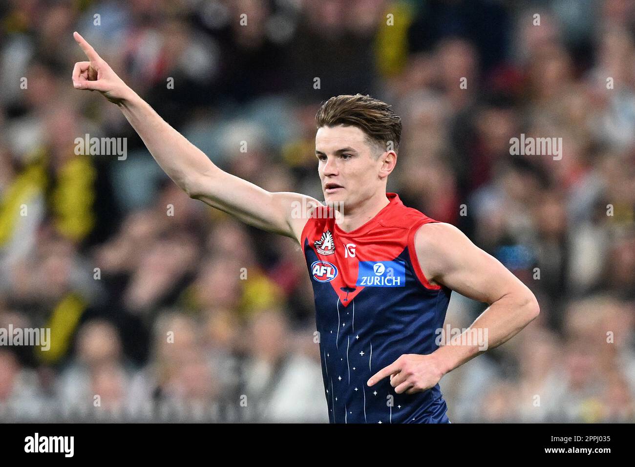 Bayley Fritsch of the Demons reacts after kicking a goal during the AFL ...