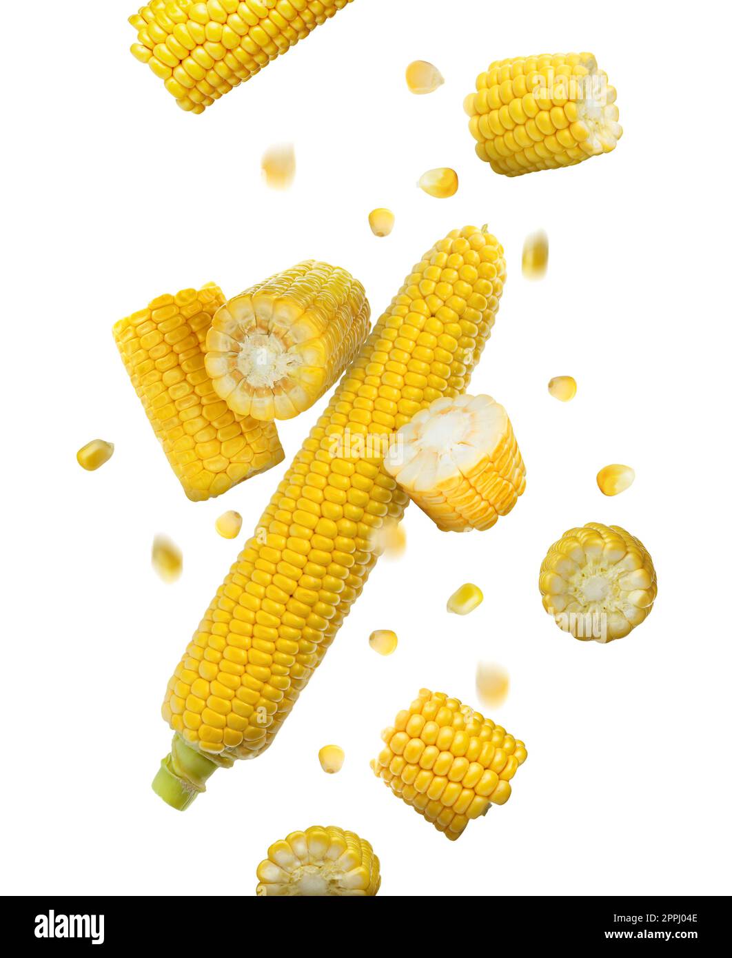 Tasty ripe corn cobs falling on white background Stock Photo - Alamy