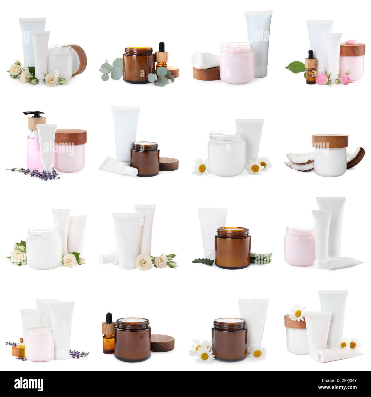 Set of different containers with hand creams on white background Stock ...