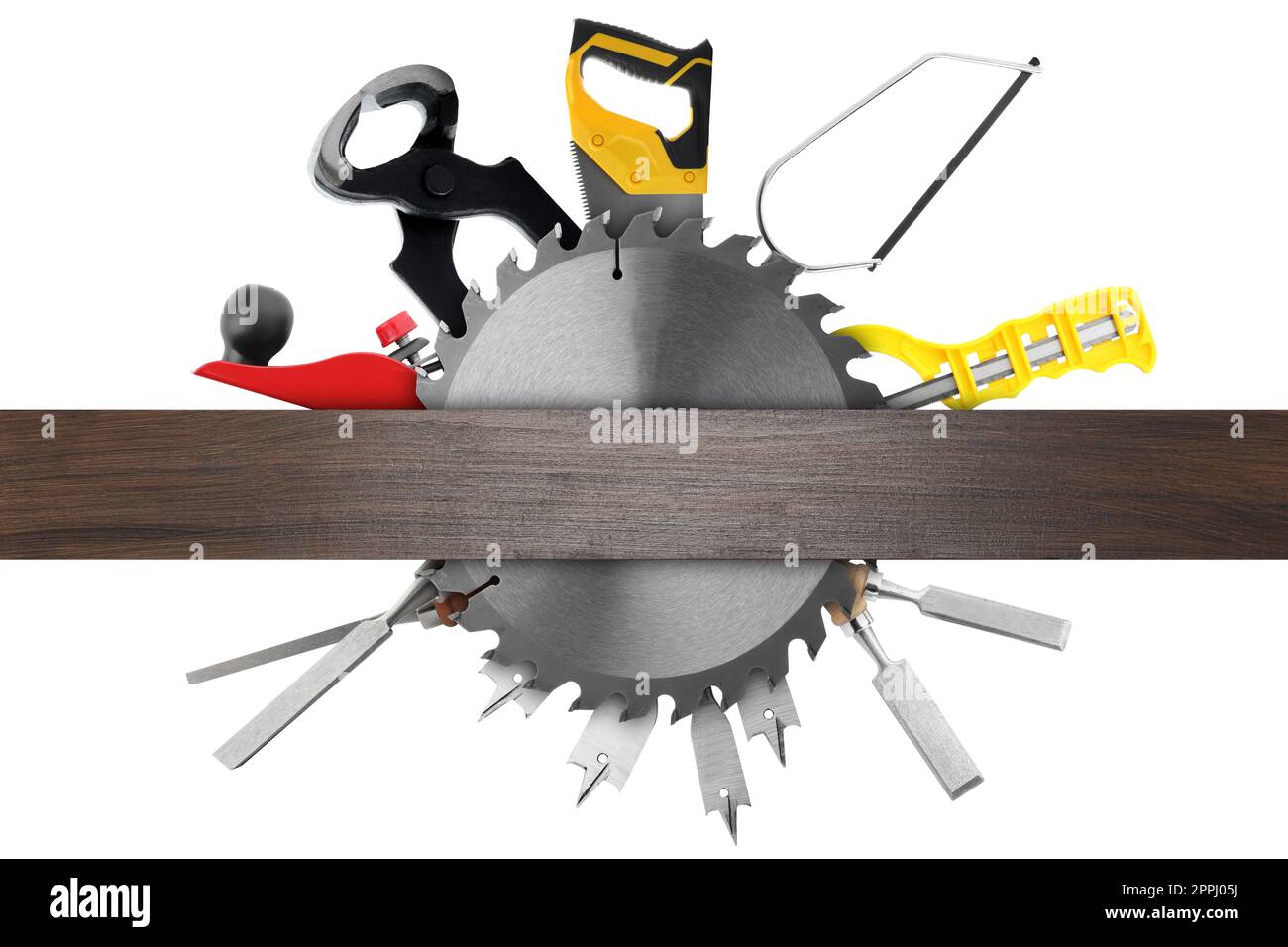 Carpentry tools and wooden surface on white background, collage Stock ...