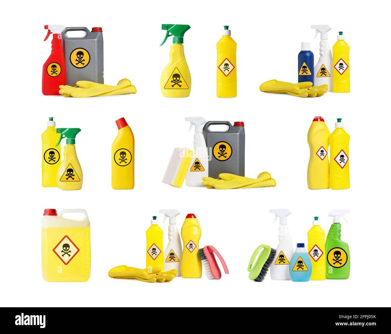 Set with different toxic household chemicals with warning signs on ...